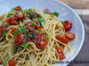 Spaghetti with Fresh Tomatoes, Capers and Herbs Recipe | Lemons + Anchovies