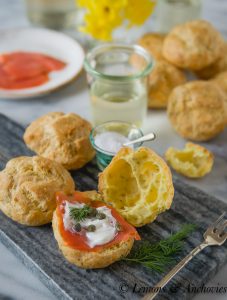 Gouda-Dill Gougères with Smoked Salmon - Lemons + Anchovies